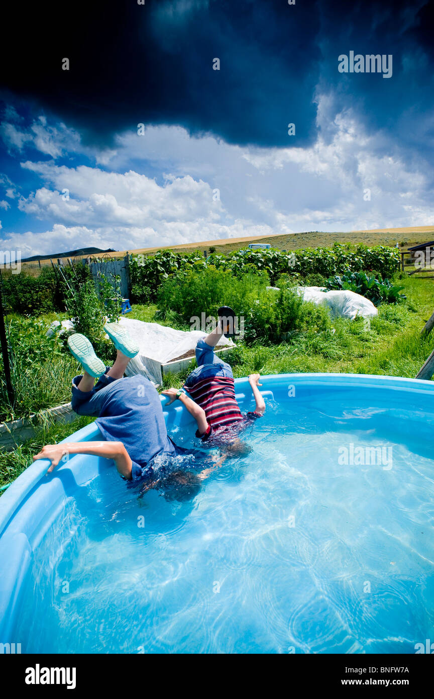 Boys sticking their heads in a backyard pool, Bozeman, Montana, USA ...