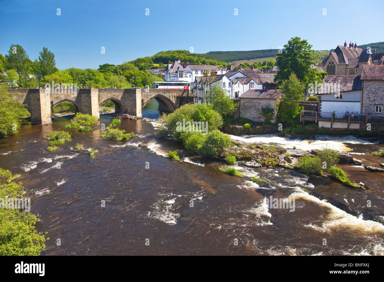 Town at the riverside, Llangollen Bridge, River Dee, Llangollen ...
