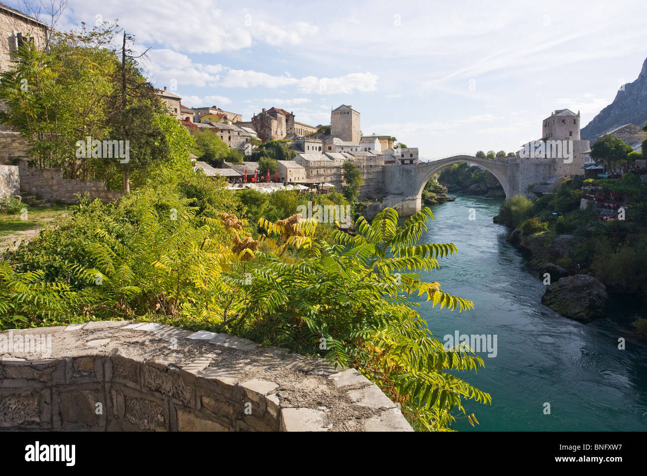 Town at the waterfront, Neretva River, Mostar, Bosnia And Hercegovina ...