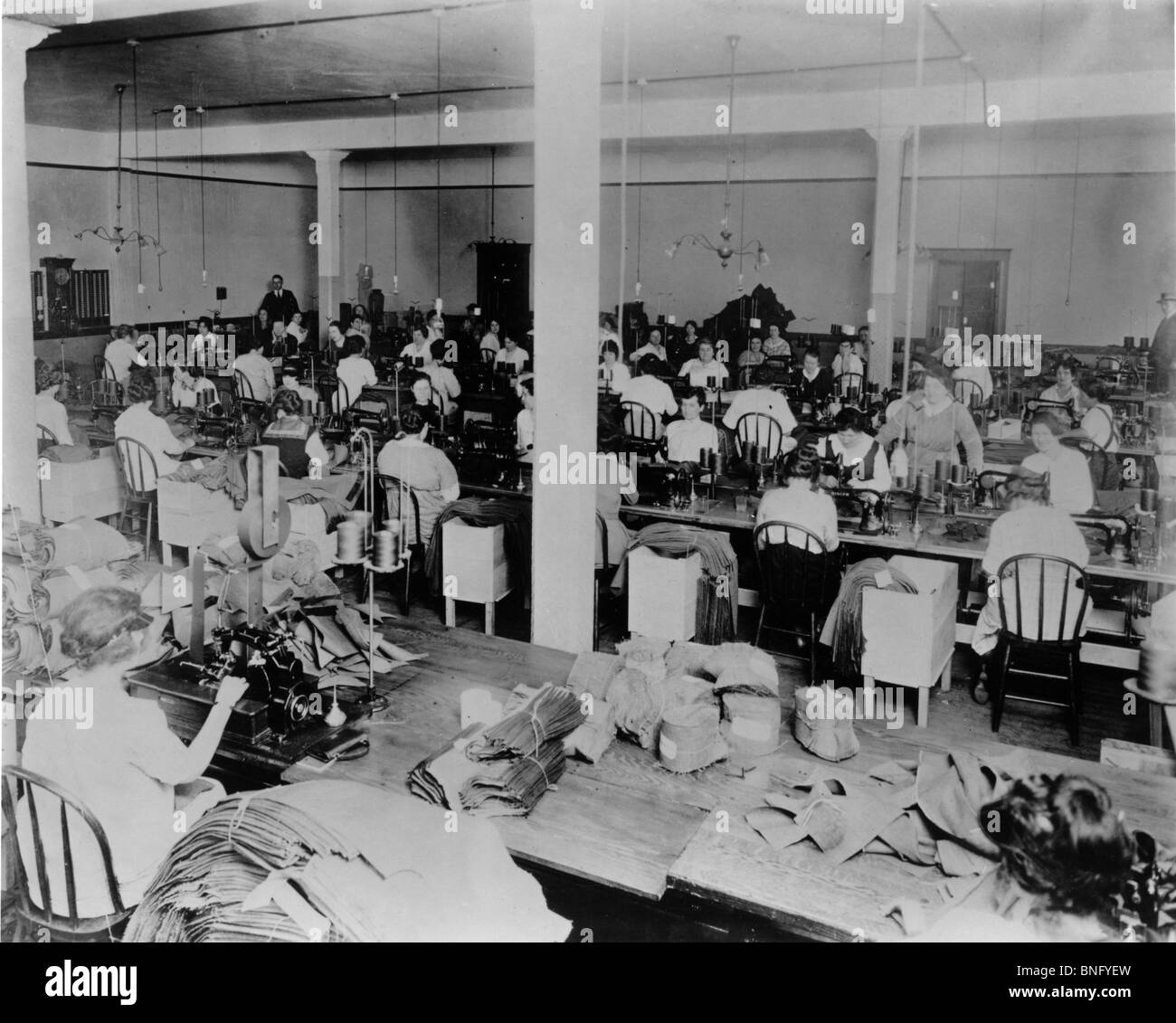 High angle view of a group of female workers in a textile factory Stock ...