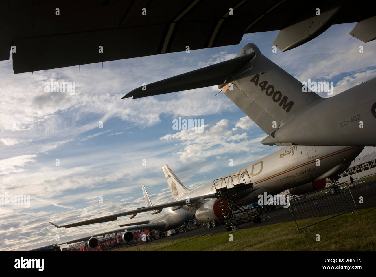 Static display aircraft lined-up at the Farnborough Airshow, the Airbus ...