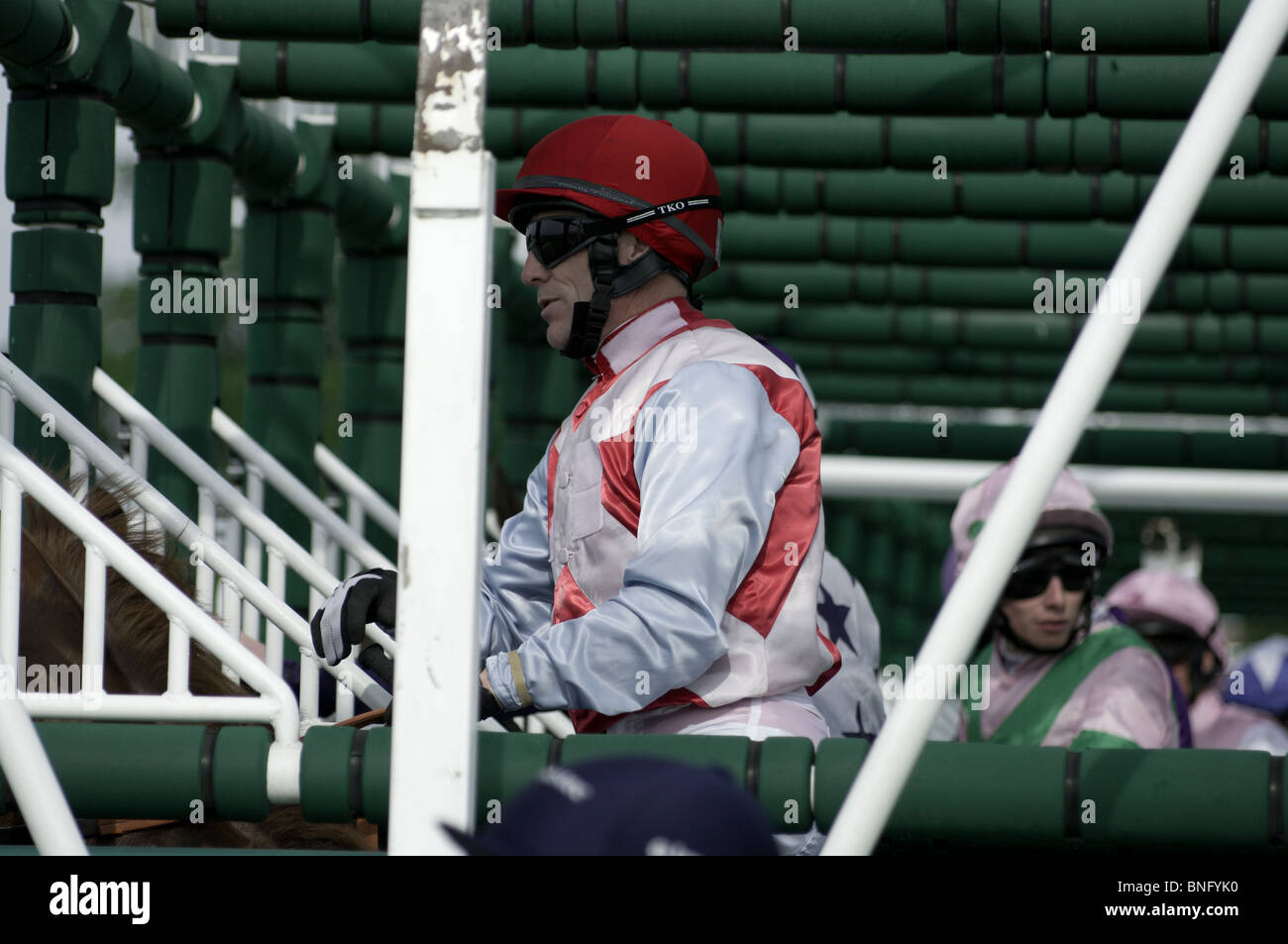 Competitors in the starting trap at Epsom Downs horse races Stock Photo ...