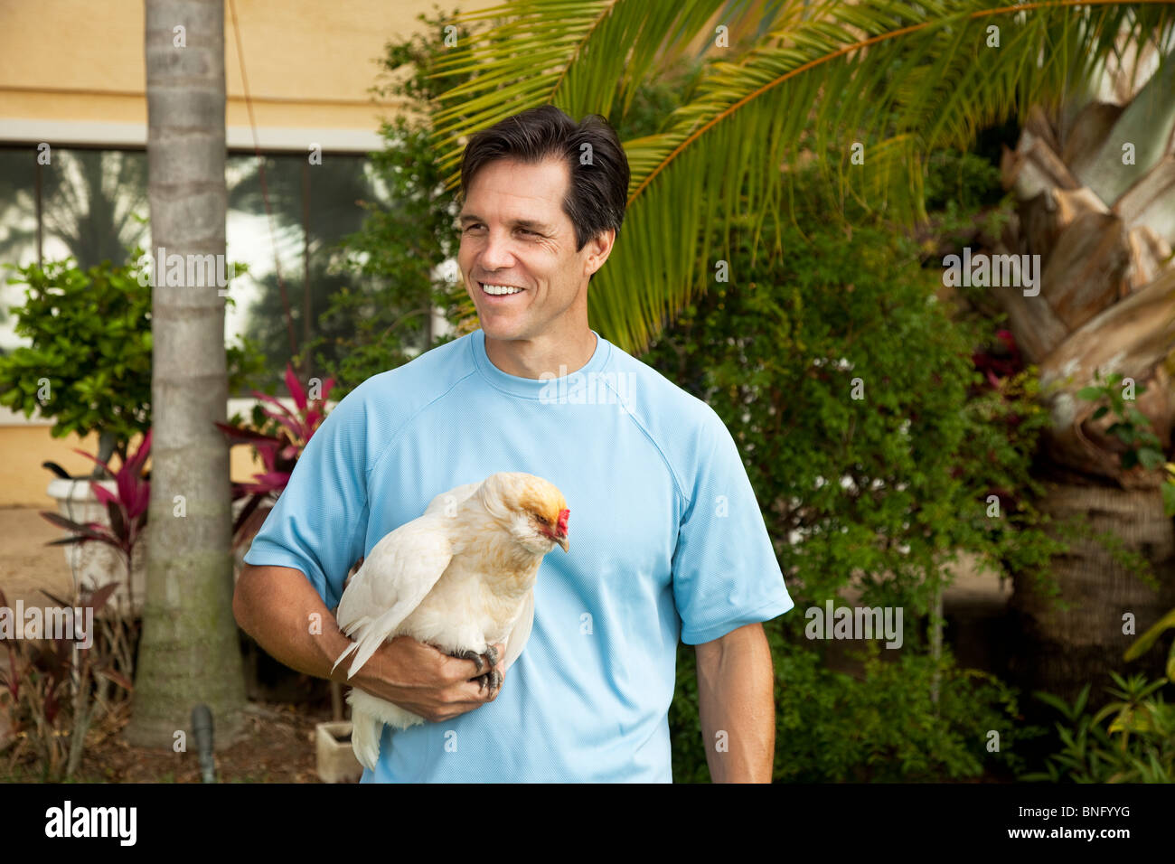 Mature man carrying a hen and smiling, Orlando, Florida, USA Stock ...