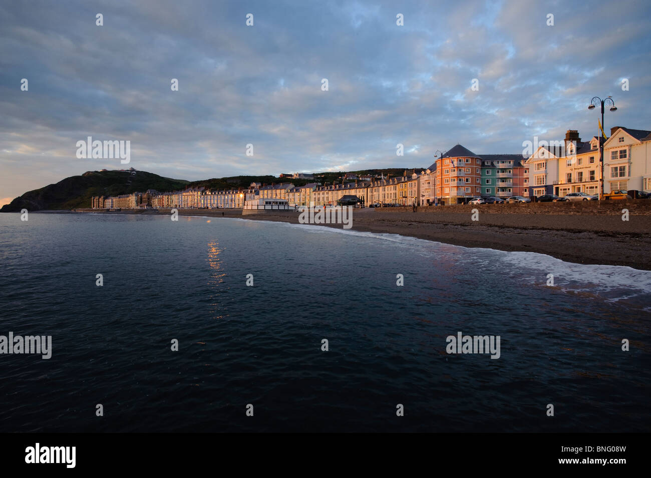 Aberystwyth beach and promenade, summer evening, high tide, wales UK ...