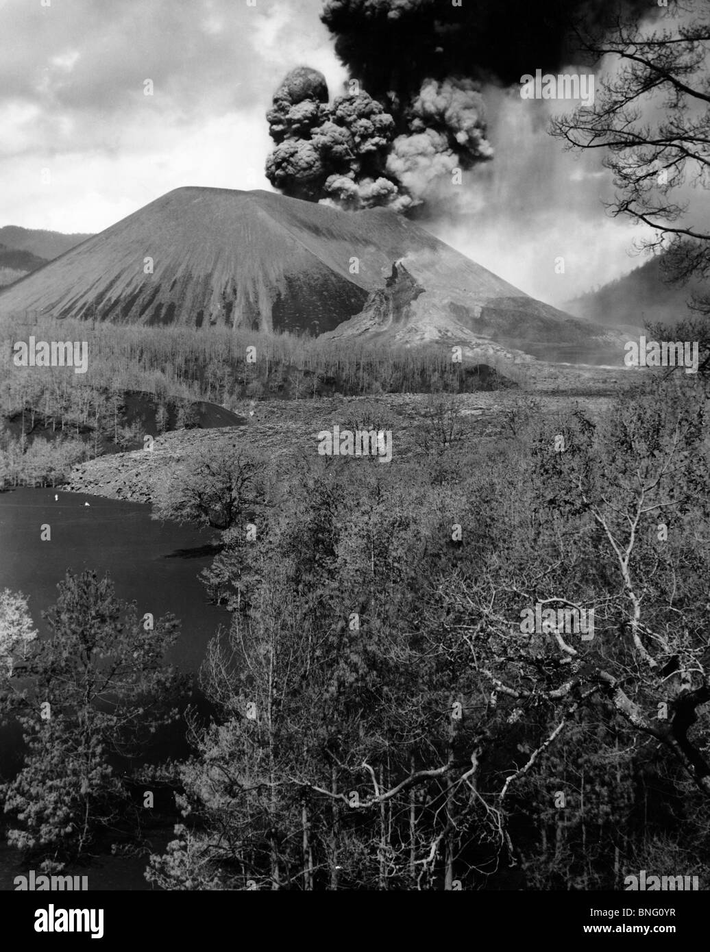 Volcanic landscape erupting volcano Black and White Stock Photos ...