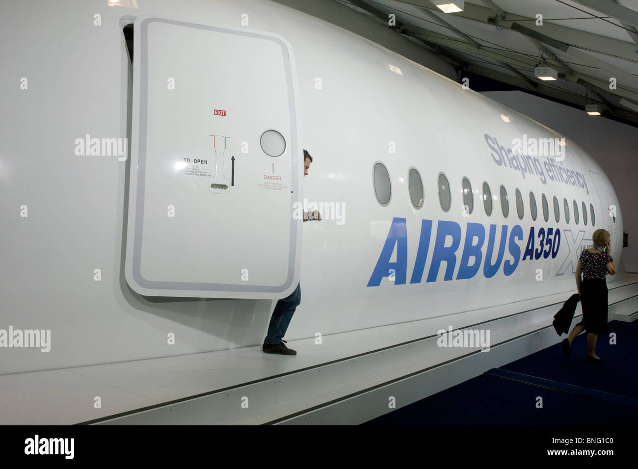 A scaled model of an Airbus A350 airliner at the Farnborough Airshow ...