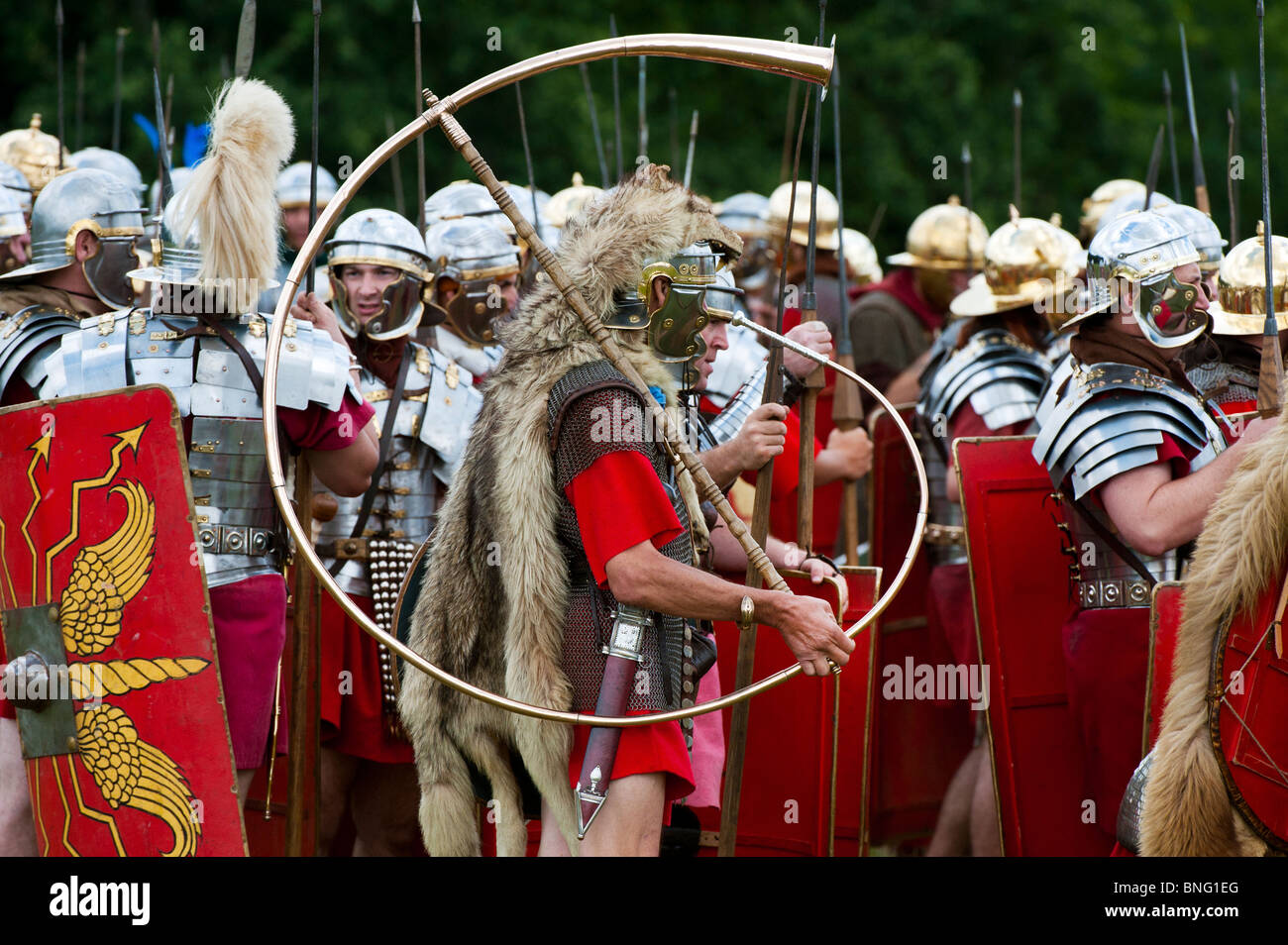 Roman soldier (Cornicen) with cornu in front of the garrison at a ...