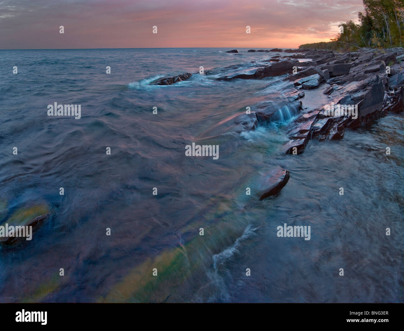 Rocky coast of a lake, Lake Superior, Porcupine Mountains, Ontonagon ...