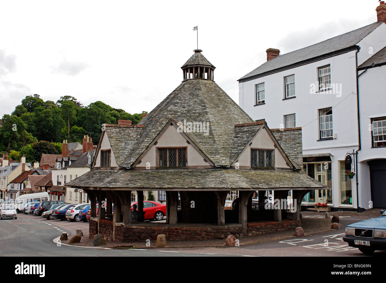 17th century Yarn Market in the town centre High Street at Dunster in ...