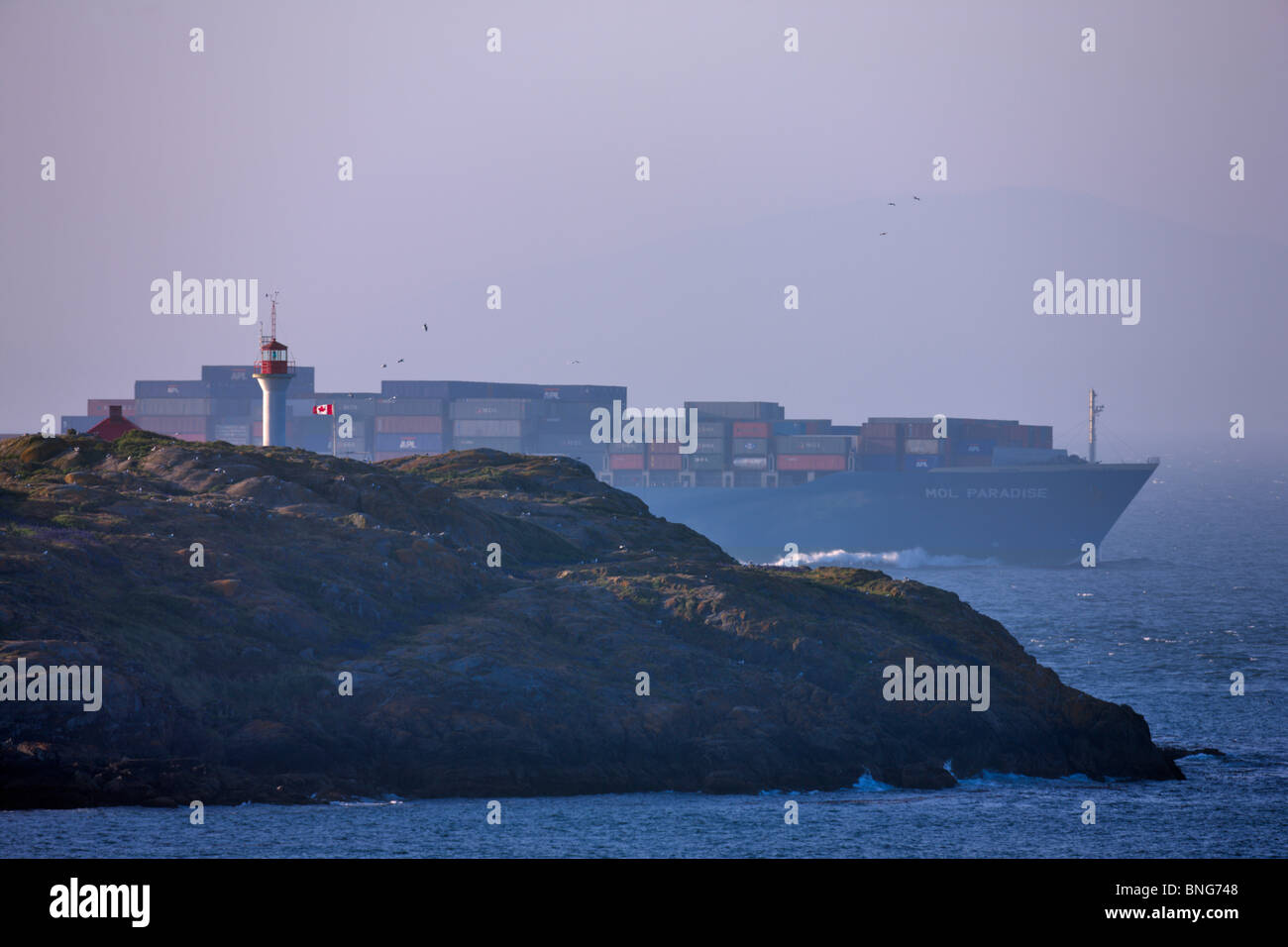 Container ship in the sea, Trial Island Lighthouse, Victoria, Vancouver ...