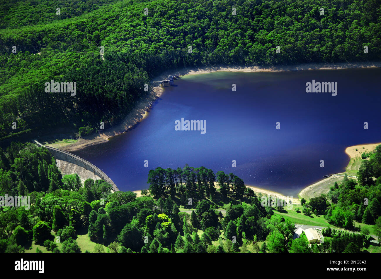 Aerial photo of dam in between mountains Stock Photo - Alamy