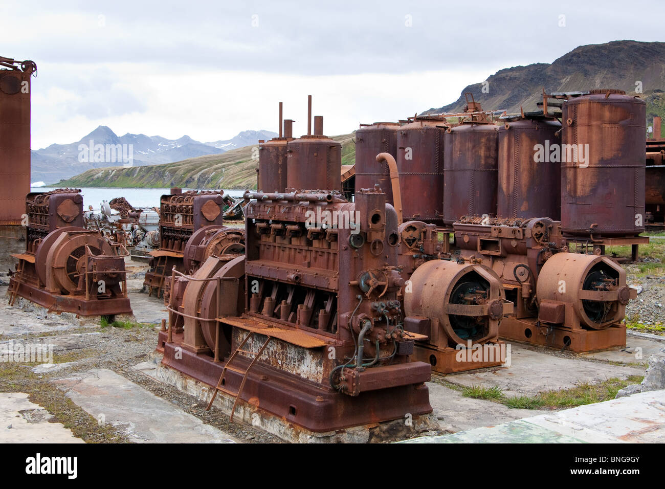 Rusting equipment at the old whaling station in Grytviken, on South ...