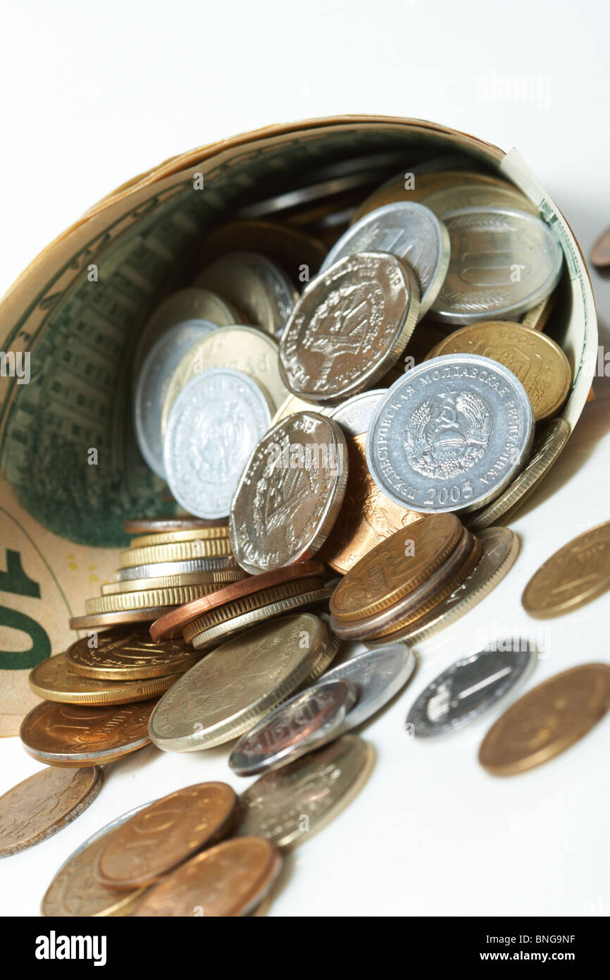 horn from dollar denominations with fine coins Stock Photo - Alamy