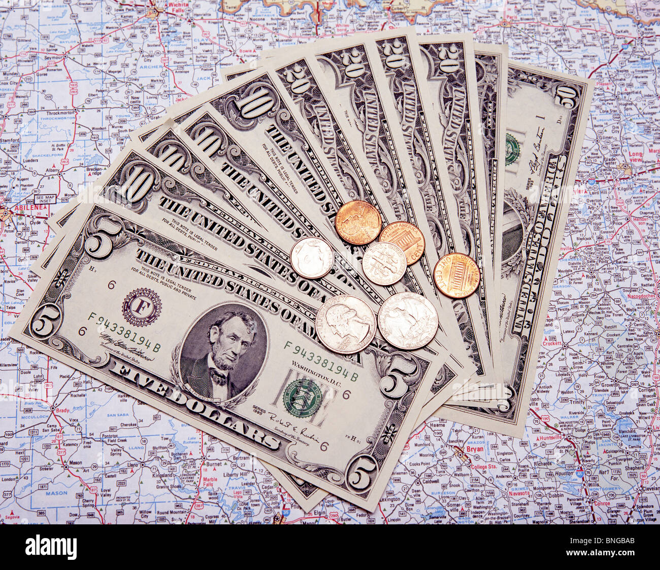 American road map and money Stock Photo - Alamy