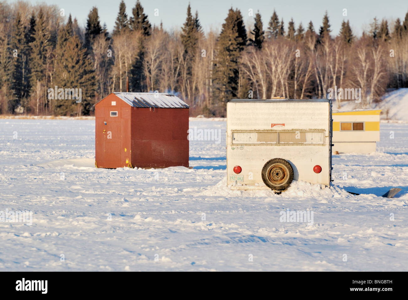 Make shift ice fishing huts on a northern Canadian lake in Saskatchewan ...
