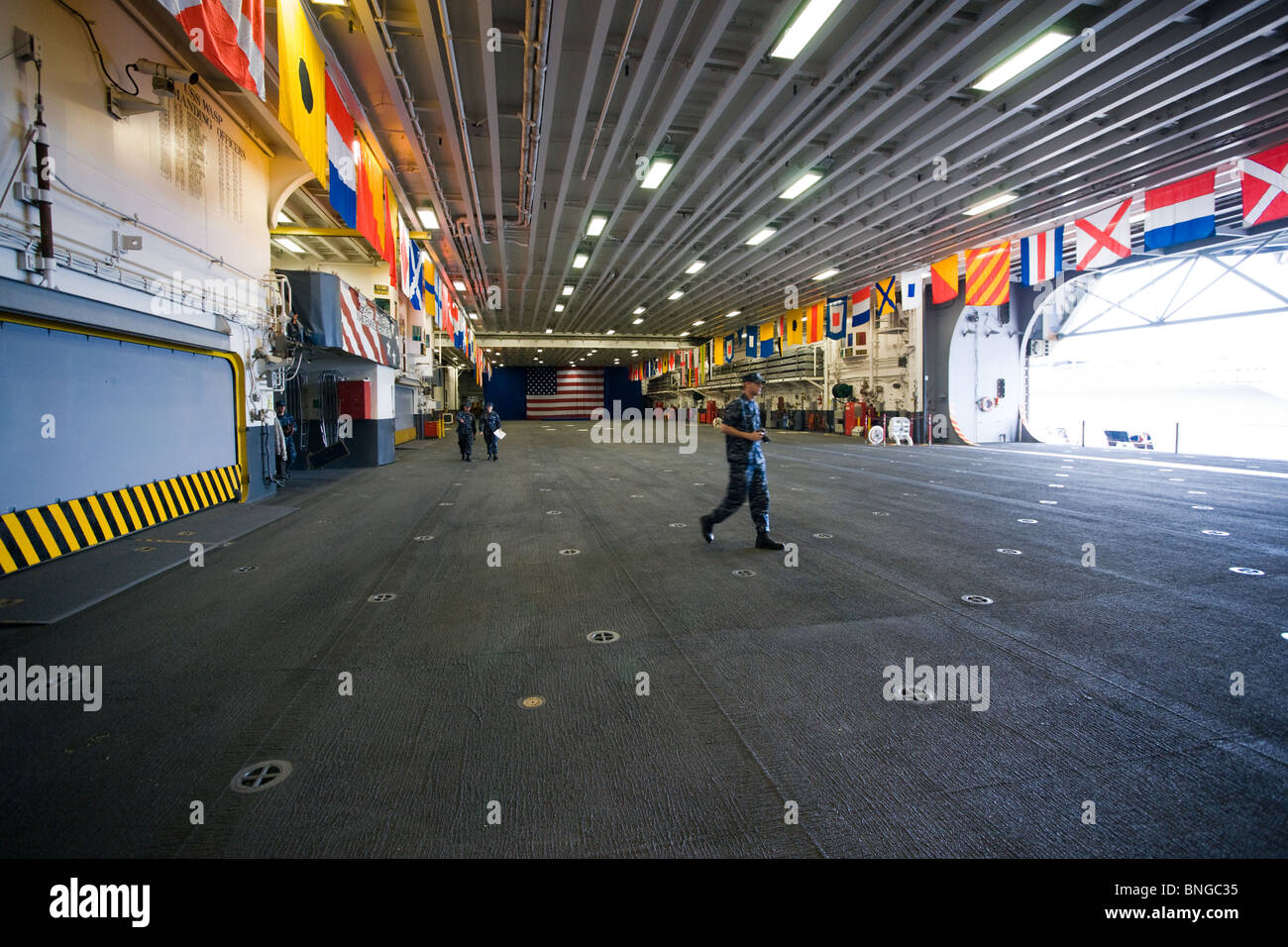 Hangar deck on the US Navy's amphibious assault carrier USS WASP during ...