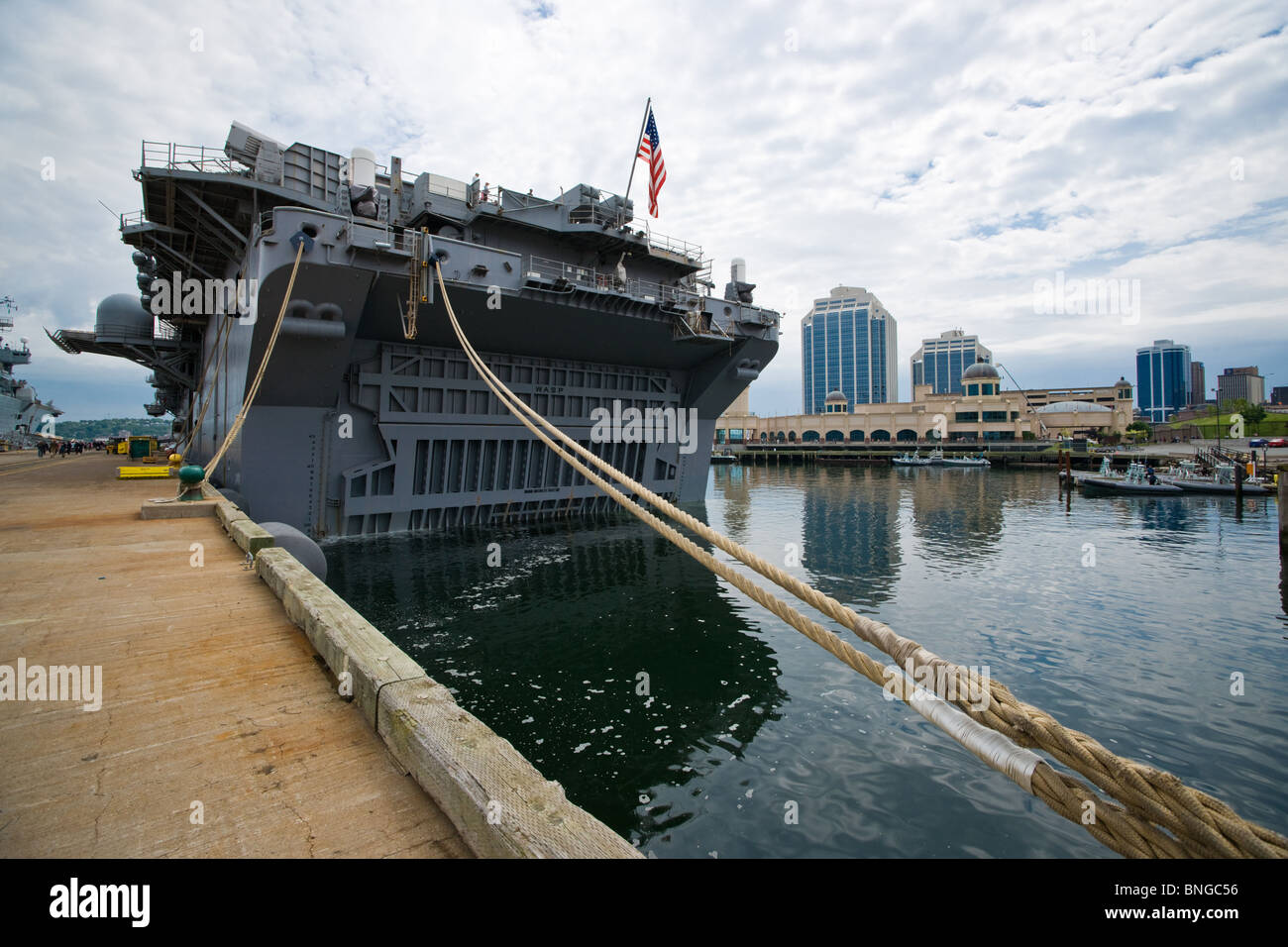 Stern of US Navy amphibious assault ship USS WASP showing the door of ...