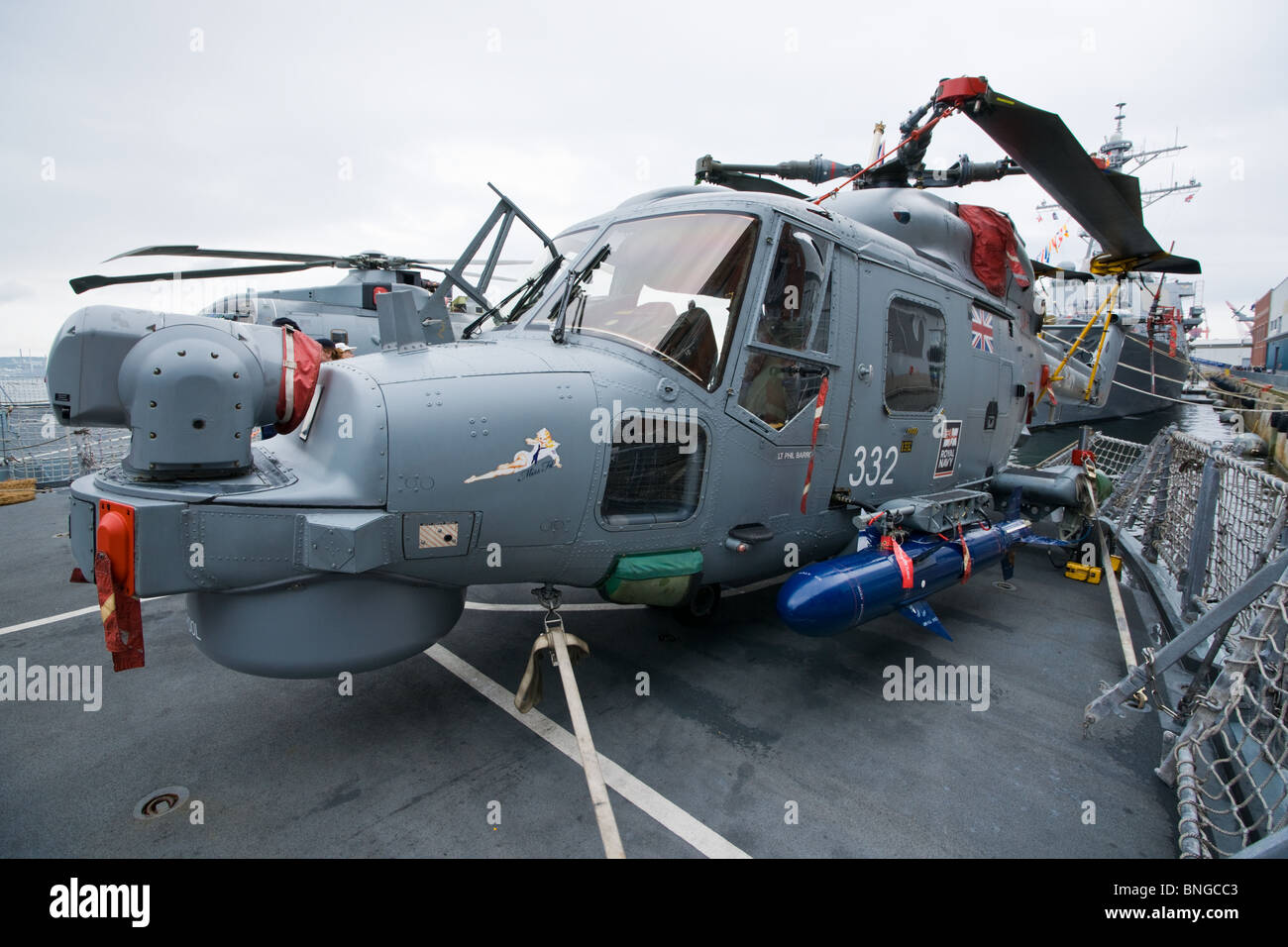 Royal Navy Lynx helicopter on the flight deck of the destroyer HMS ...