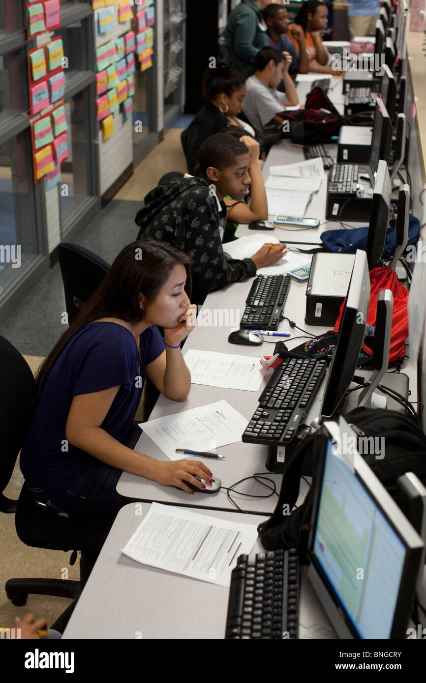 Students work on computers in classroom at Manor New Tech High School ...