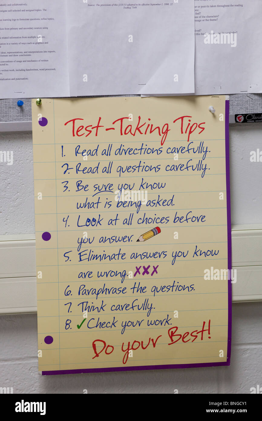 Paper on bulletin board in classroom reminds students how to do well on ...