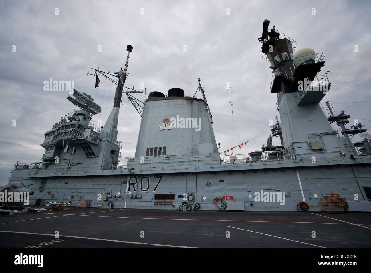 Island superstructure of Royal Navy aircraft carrier and flagship HMS ...