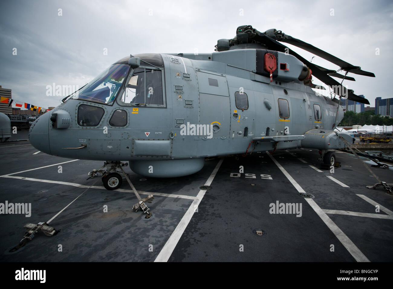 Royal Navy EH-101 Merlin helicopter on the deck of aircraft carrier HMS ...