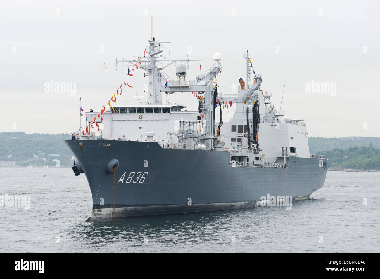Royal Netherlands Navy replenishment vessel HNLMS AMSTERDAM sits at ...