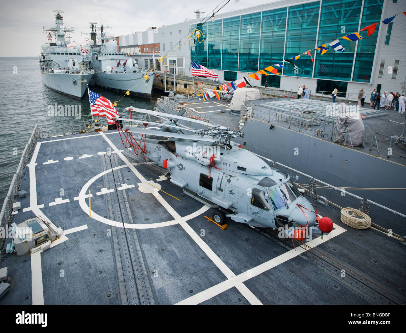 US Navy Seahawk helicopter on the flight desk of the frigate ROBERT G ...