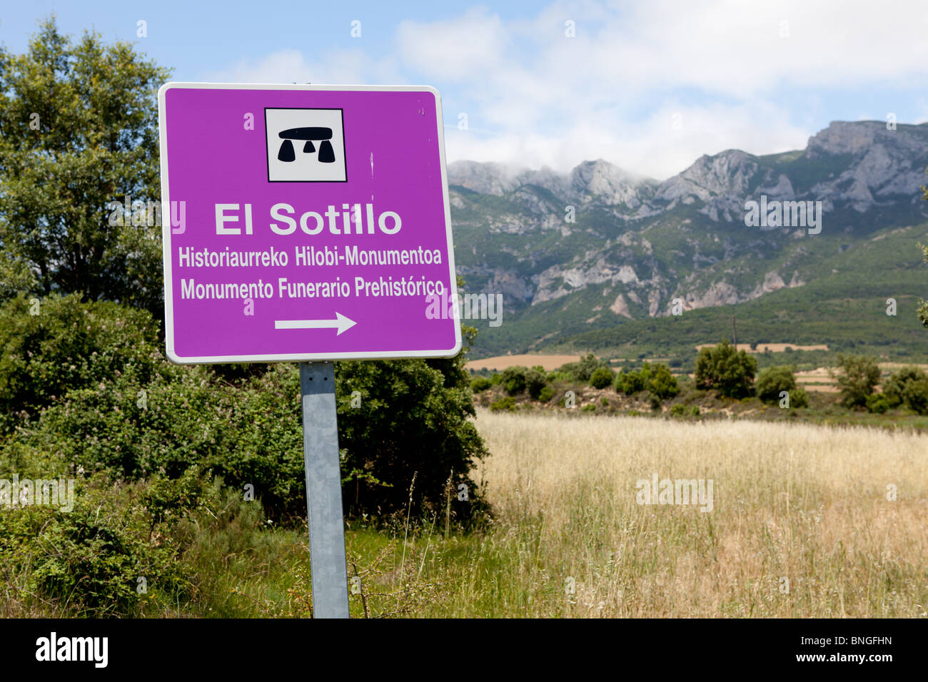 A sign for an ancient dolmen or standing stone in the Rioja region of ...