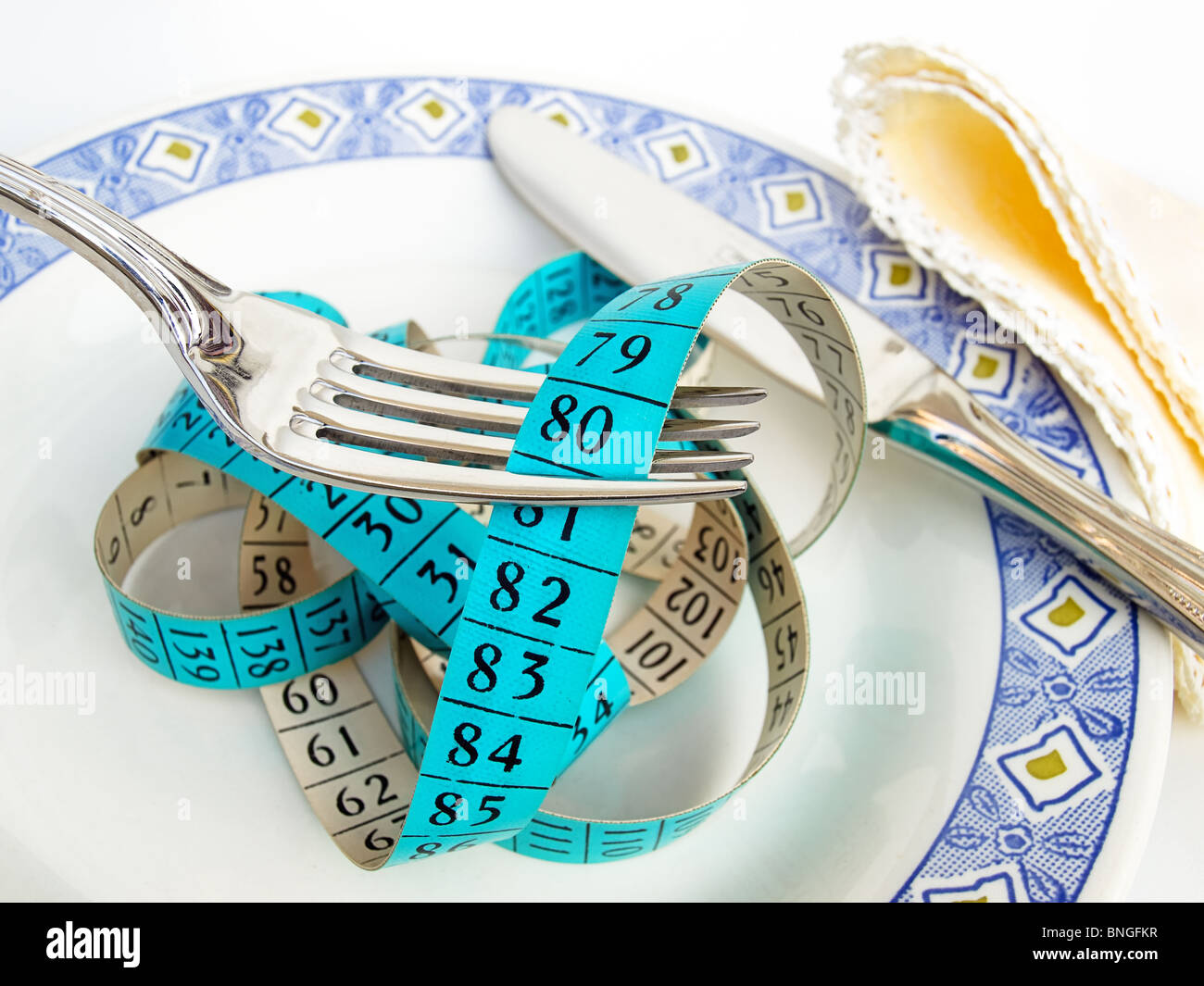 Conceptual photo of a measure tape in the plate which can suggest ...
