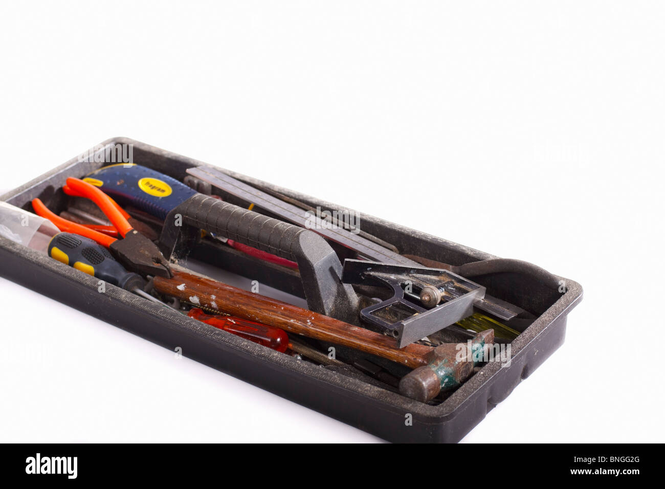 Toolbox with assorted hand tools. Isolated. Copy space Stock Photo - Alamy