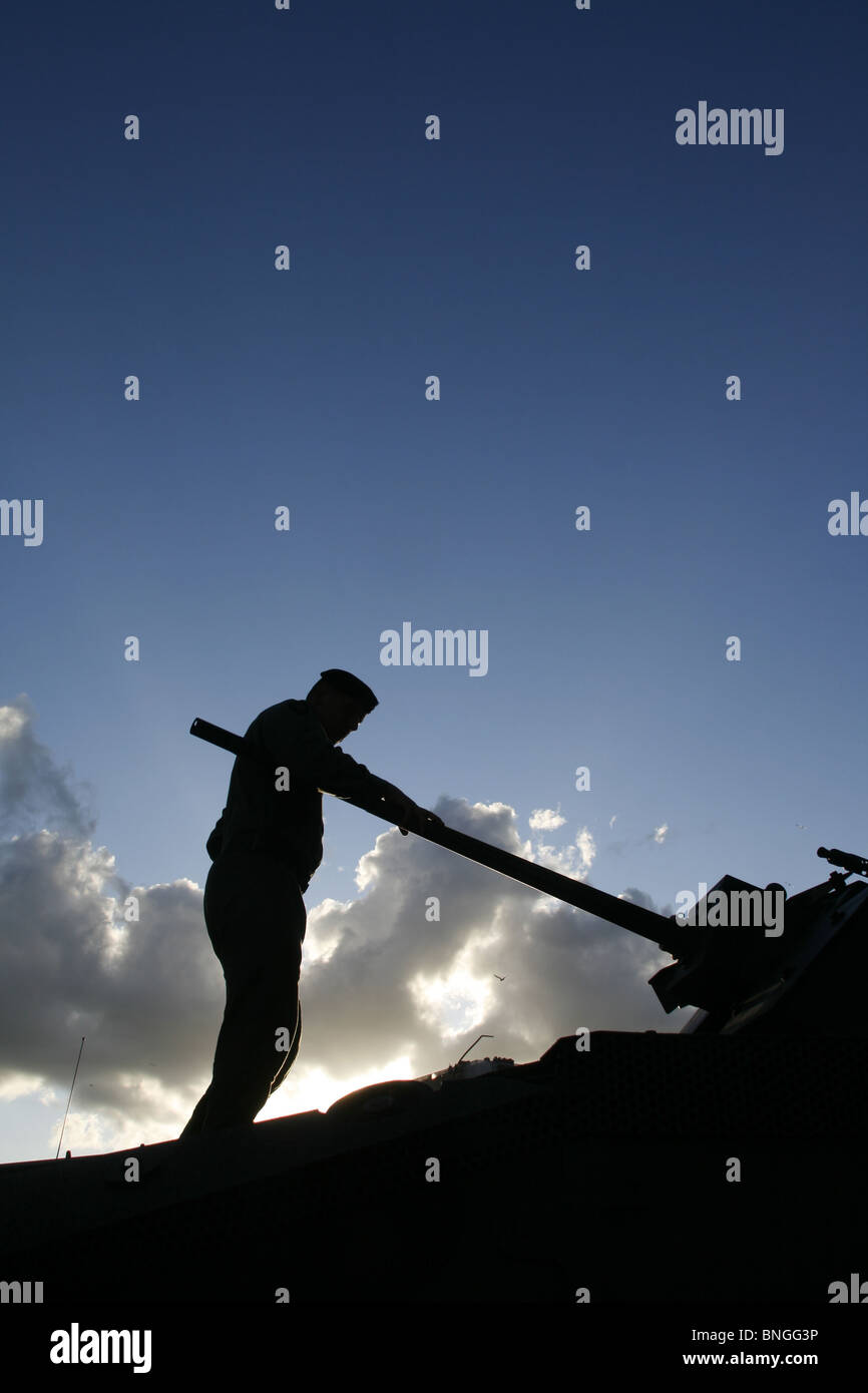 one soldier standing on armoured tank at public open day Stock Photo ...