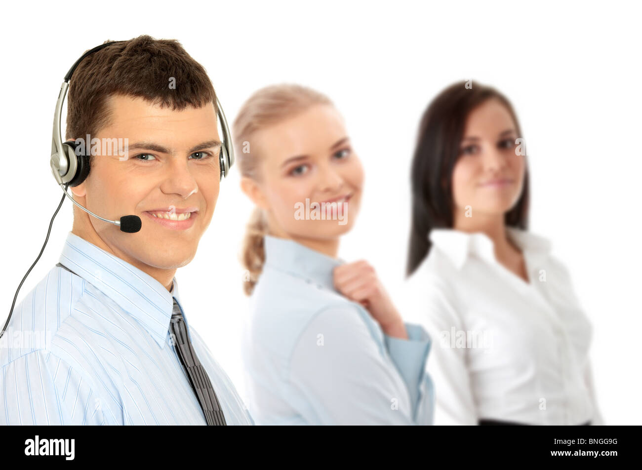 Charming customer service representative with headset on isolated on ...
