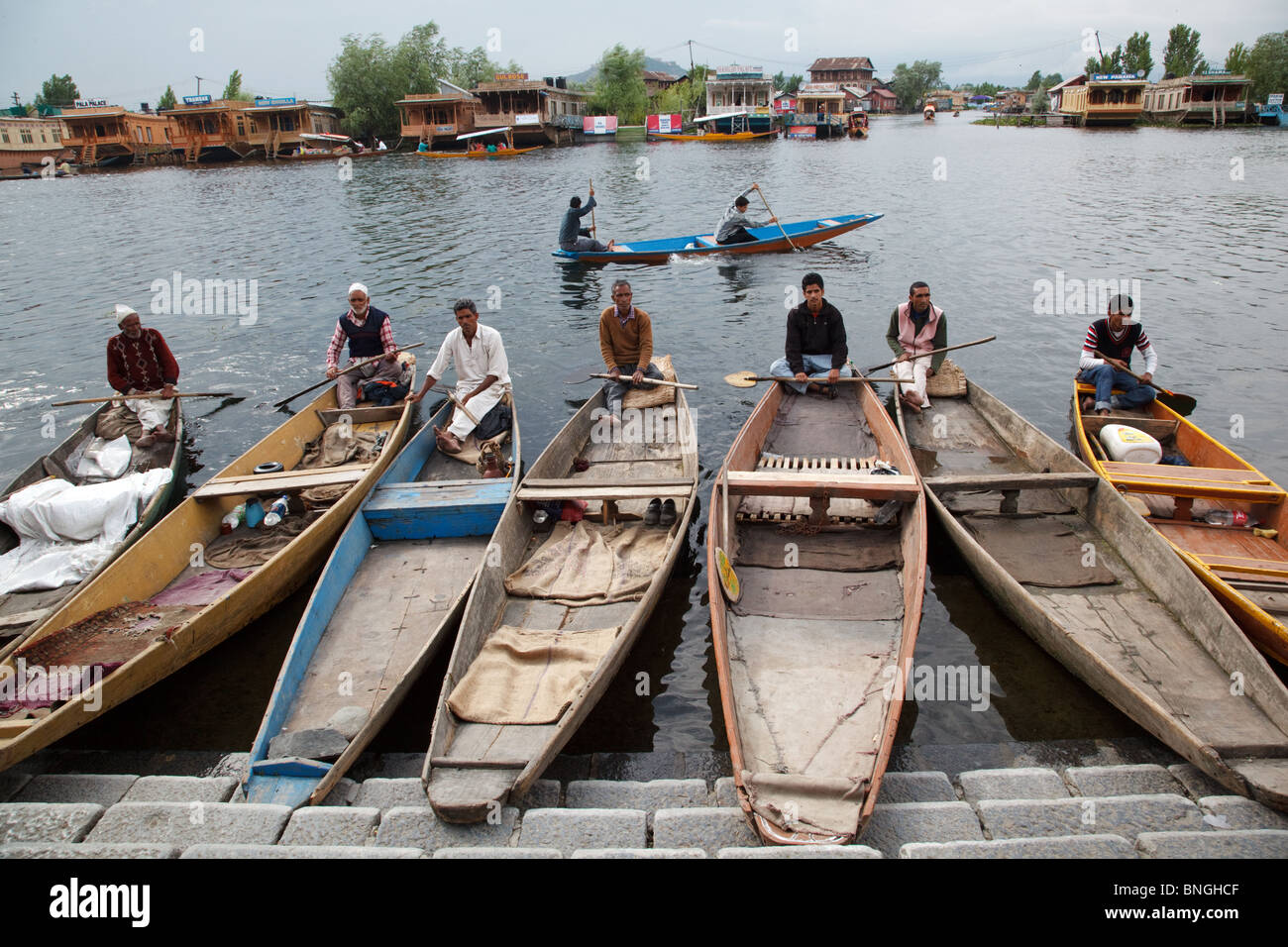Shikara boats parked on Dal Lake in Srinagar, Jammu and Kashmir, India ...