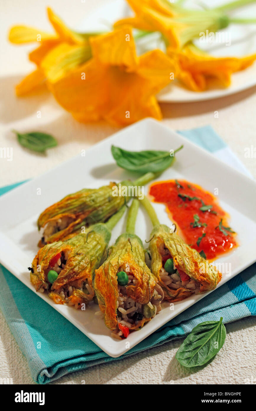 Stuffed courgette flowers with rice and vegetables. Recipe available ...
