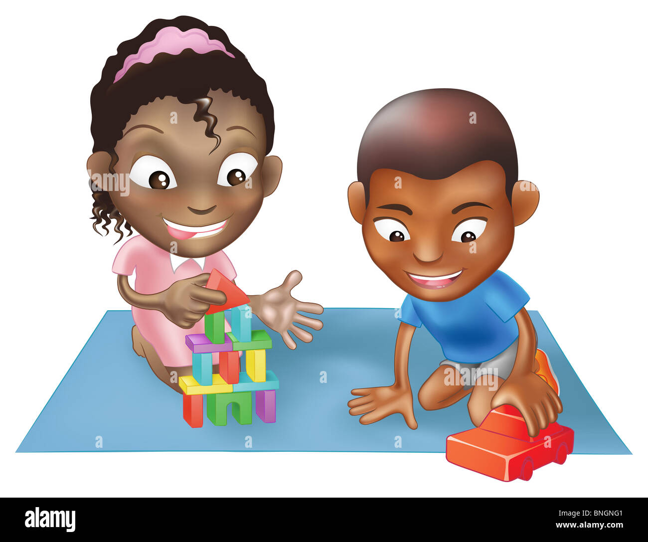 An illustration of two black ethnic children playing with toys on a ...