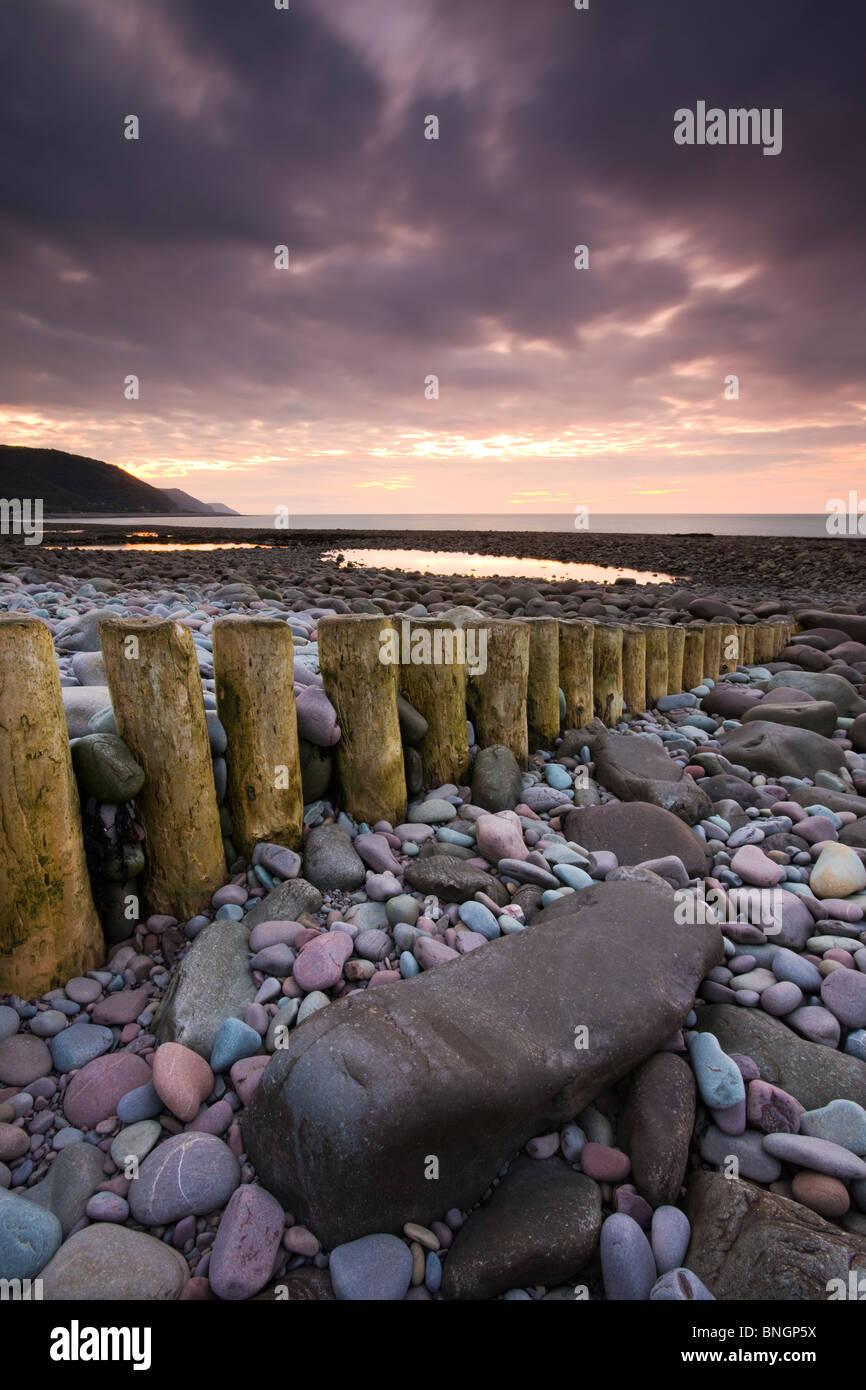 Low tide on Bossington Beach at sunset, Exmoor National Park, Somerset ...