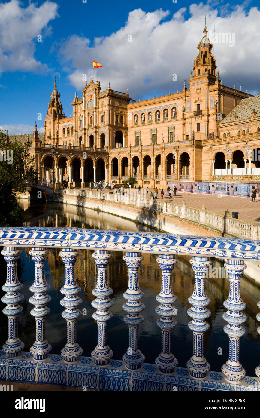 Balustrade of bridge crossing / crosses the moat of Seville's Plaza de ...