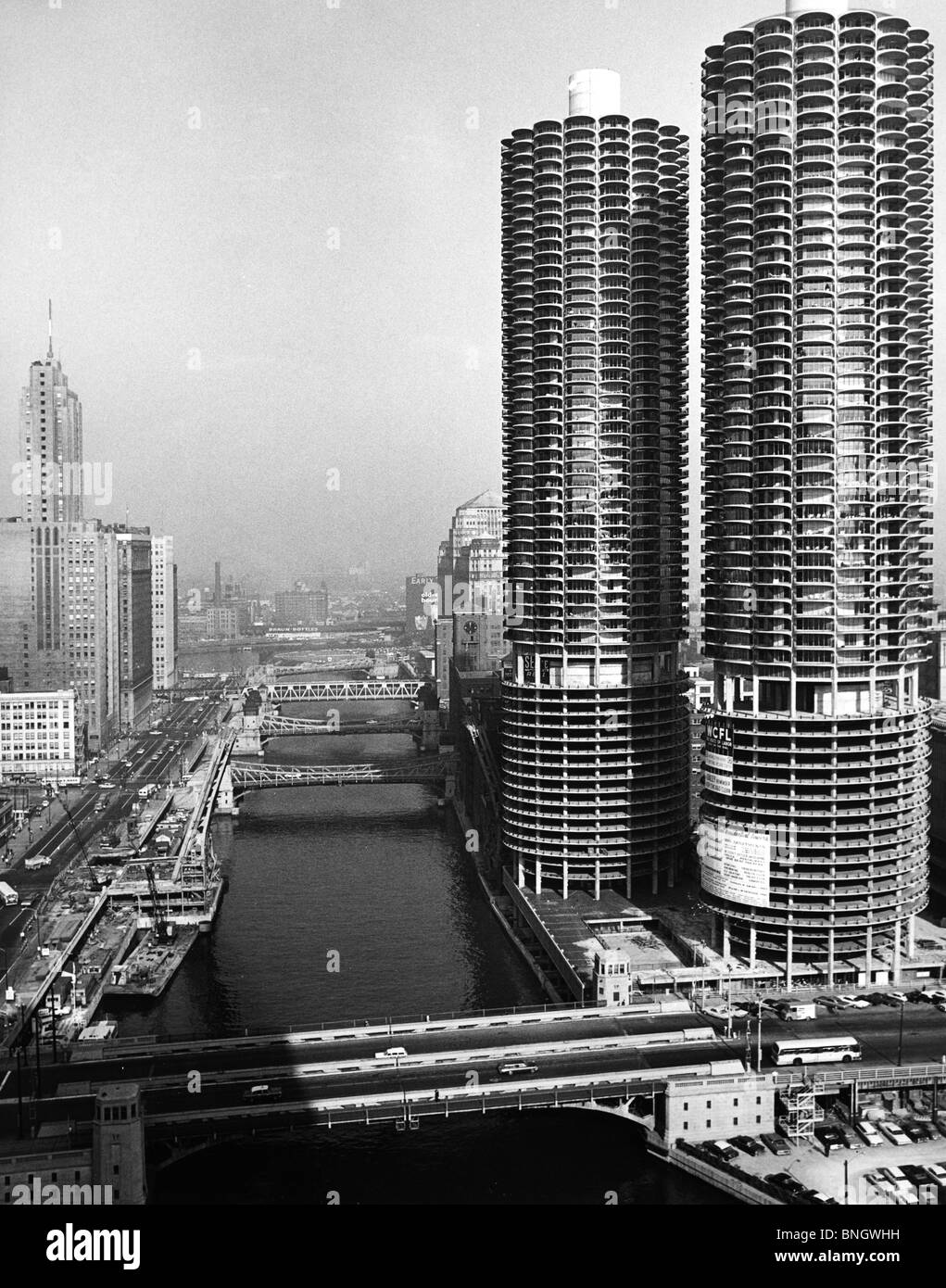 USA, Illinois, Chicago, skyscrapers along Chicago River, 1950s Stock ...