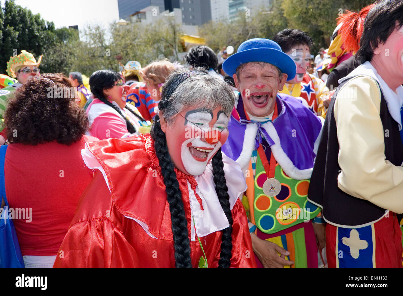 Old woman clown during a clown parade in Mexico city with clowns from ...