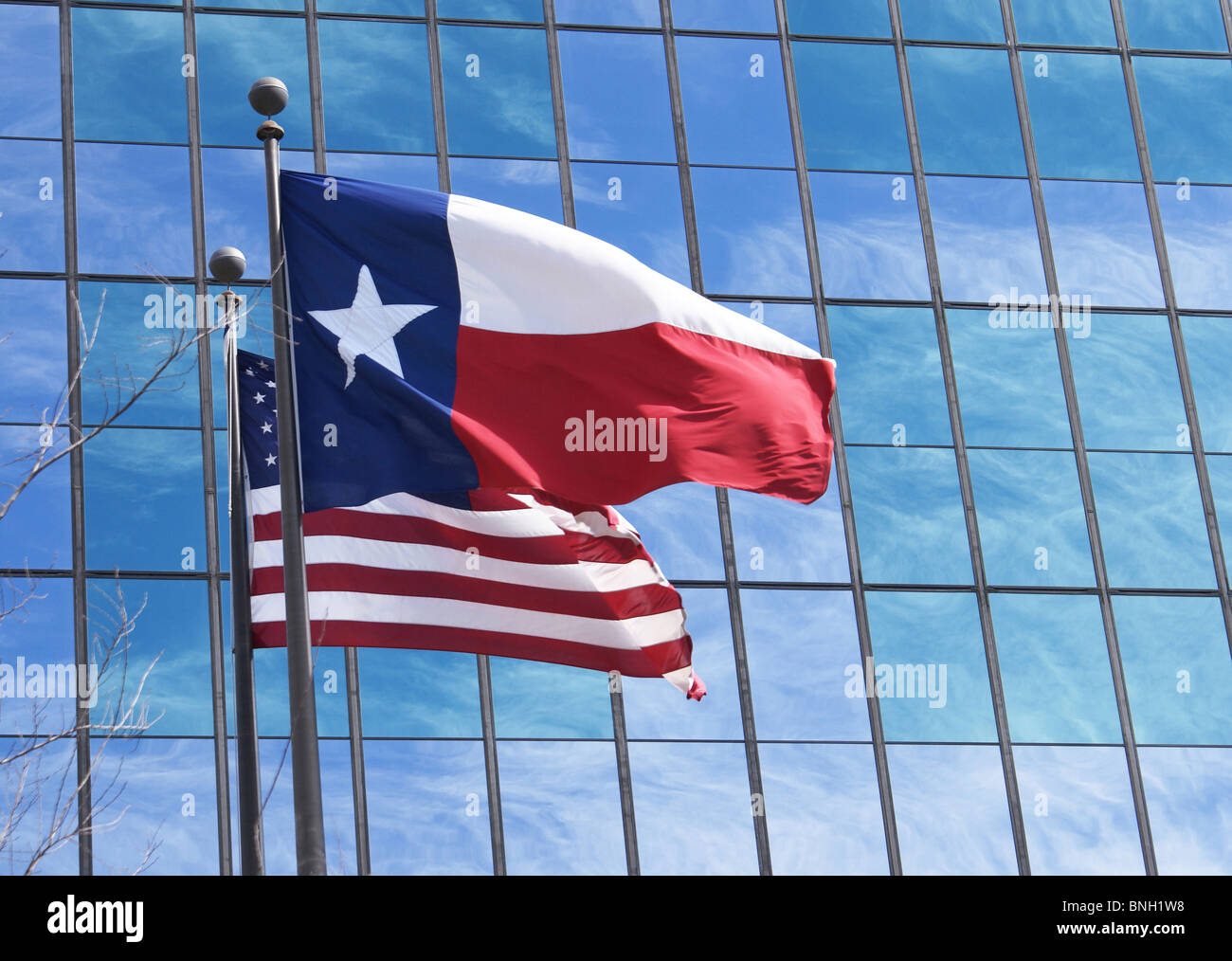 Flags against glass windows on building Stock Photo - Alamy