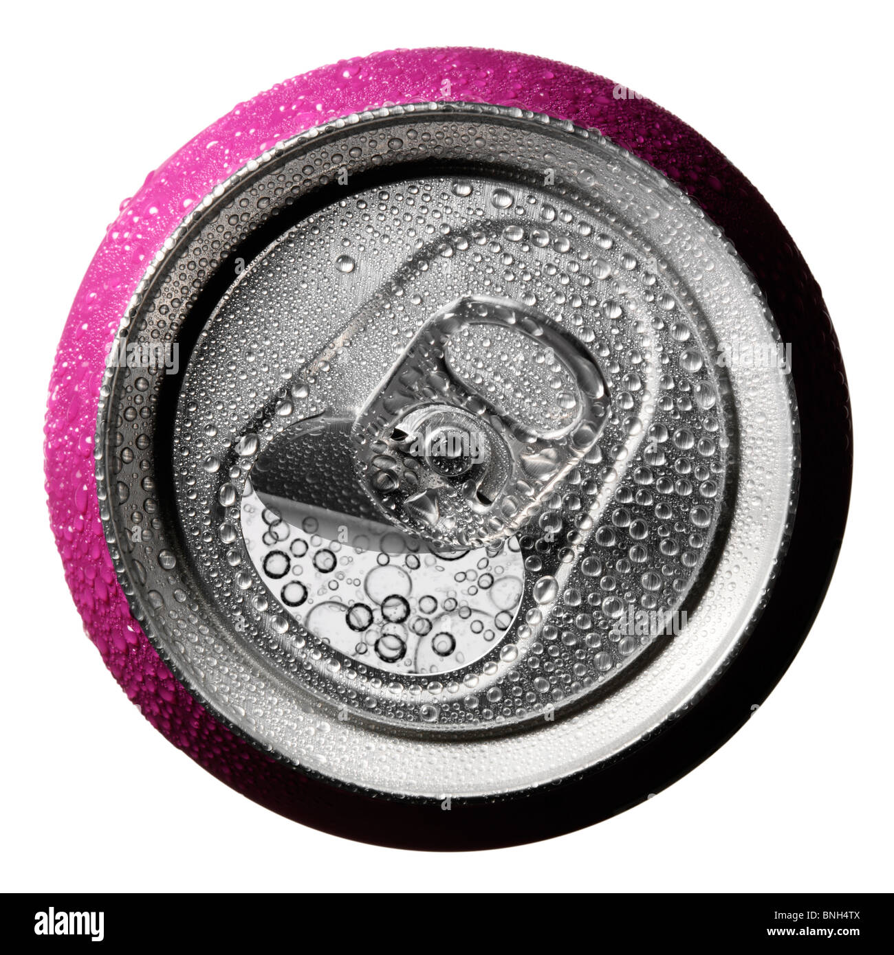 looking down on a purple aluminum soda can with spritz and water drops ...