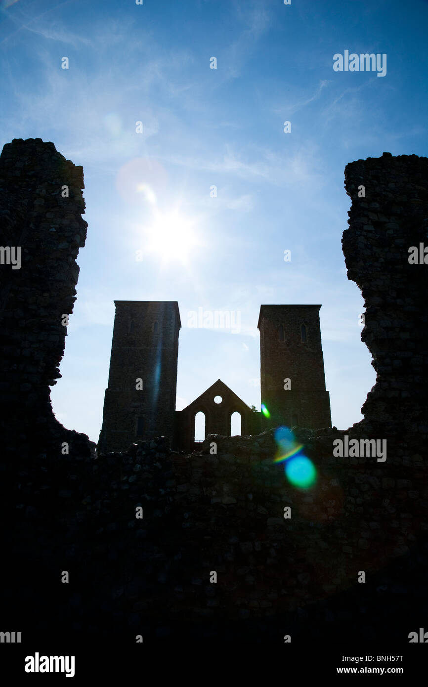 Silhouette of Reculver castle on the Kent coastline. Twin towers of ...
