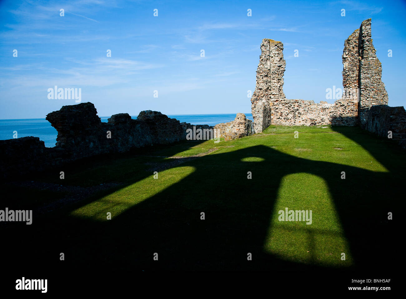 Reculver castle on the Kent coastline. Twin towers of Saint Mary's ...