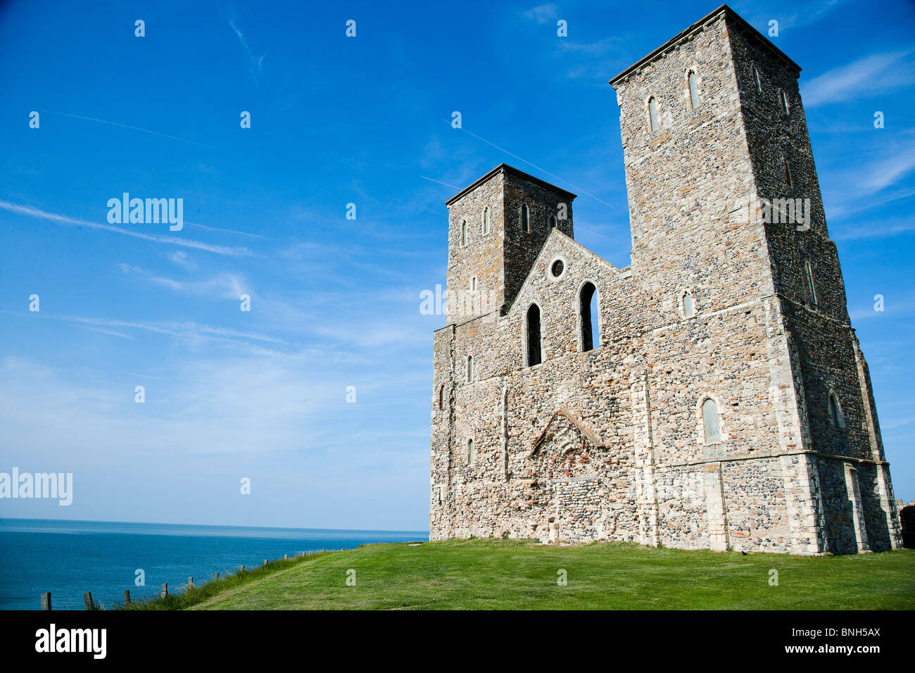 Reculver castle on the Kent coastline. Twin towers of Saint Mary's ...