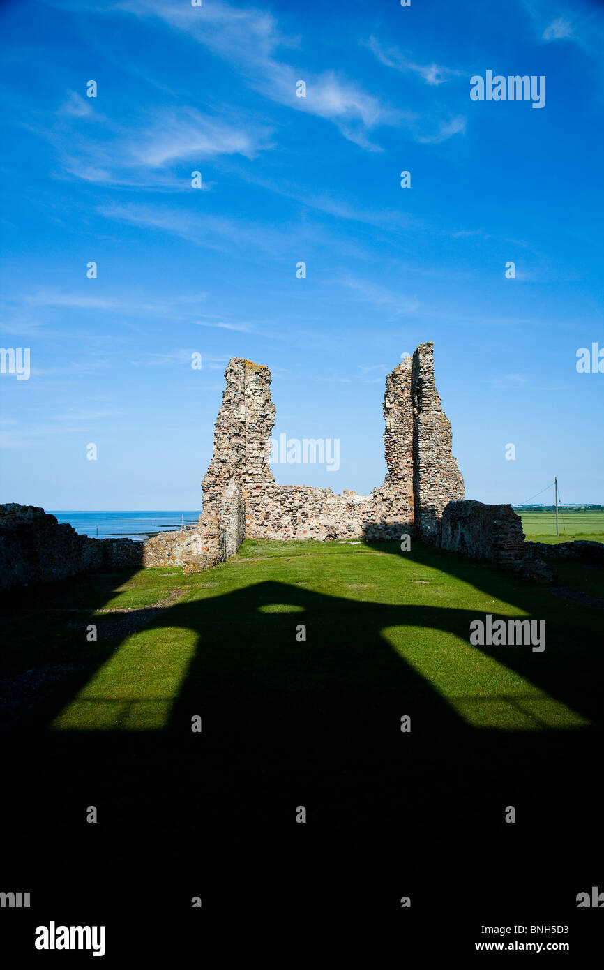 Reculver castle on the Kent coastline. Twin towers of Saint Mary's ...