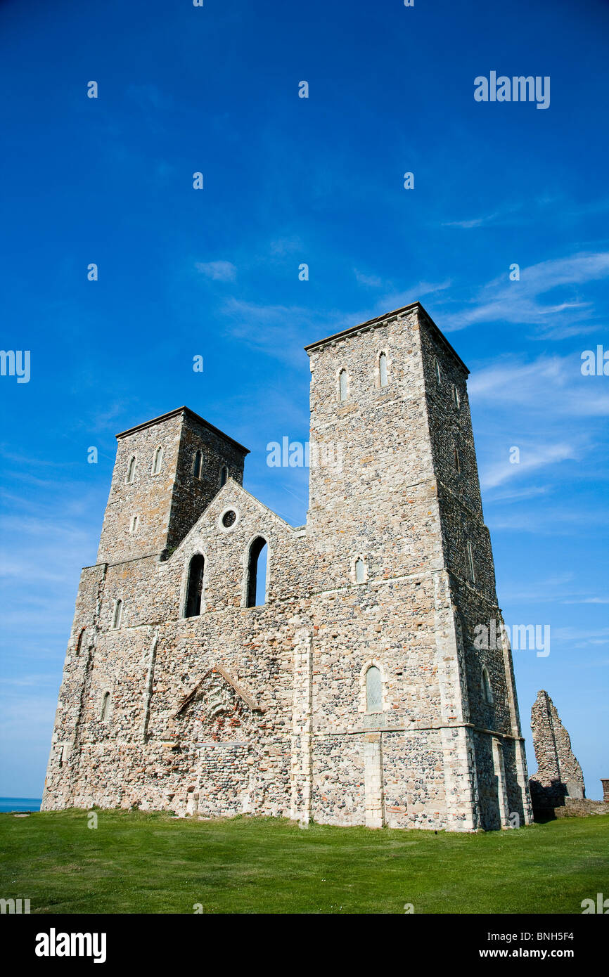 Reculver castle on the Kent coastline. Twin towers of Saint Mary's ...