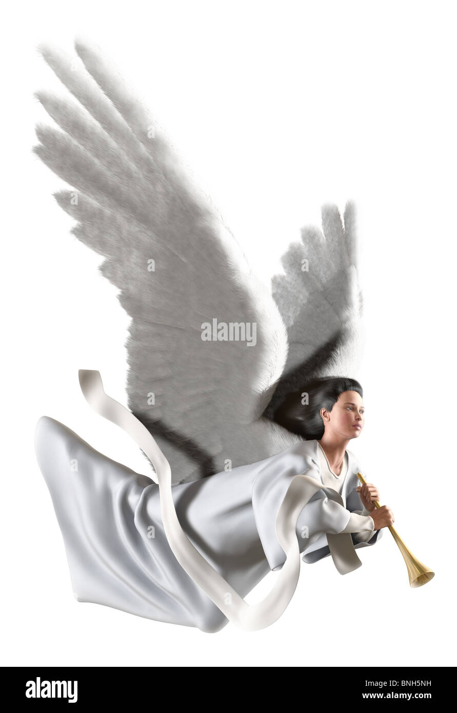 Angel with trumpet on isolated on white baackground with clipping path ...