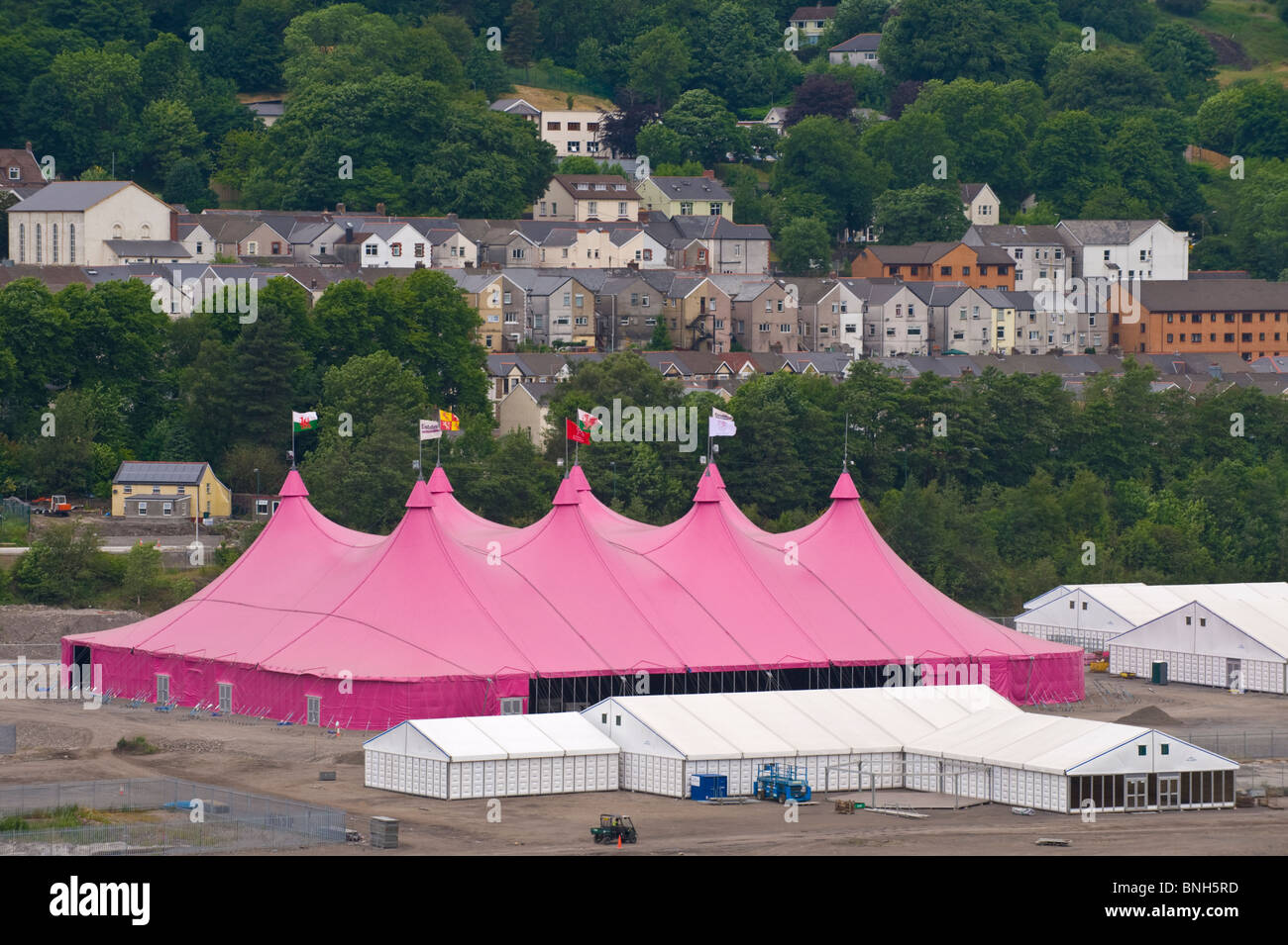 View of National Eisteddfod pink pavilion under construction at Ebbw ...