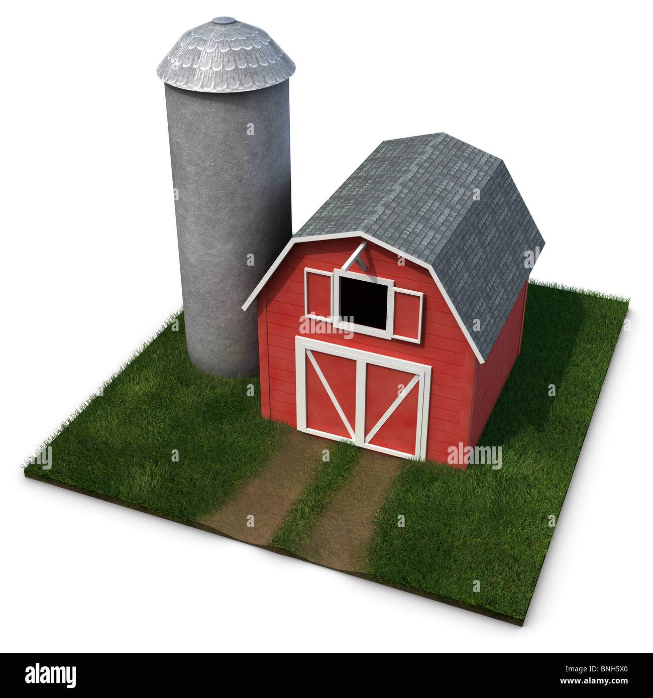 Barn and Silo on a square patch of grass isolated on a white background ...